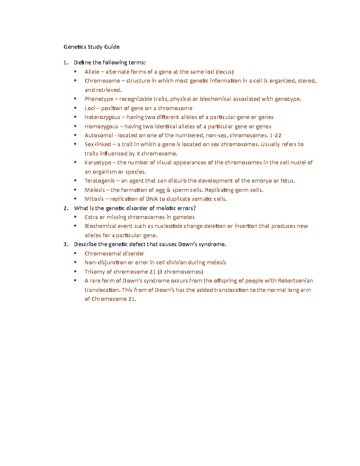 Genetics Study Guide - notes - Genetics Study Guide Define the ...