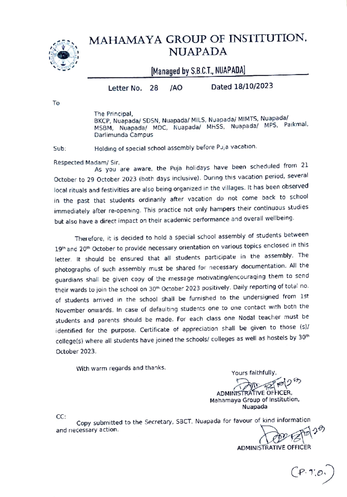 Special school assembly - To Sub: MAHAMAYA GROUP OF INSTITUTION ...