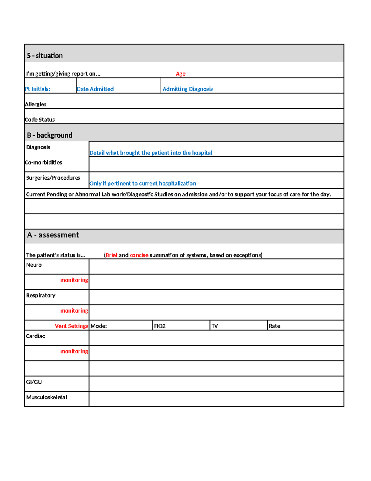 Daily Paperwork - Clinical - S - situation I'm getting/giving report on ...