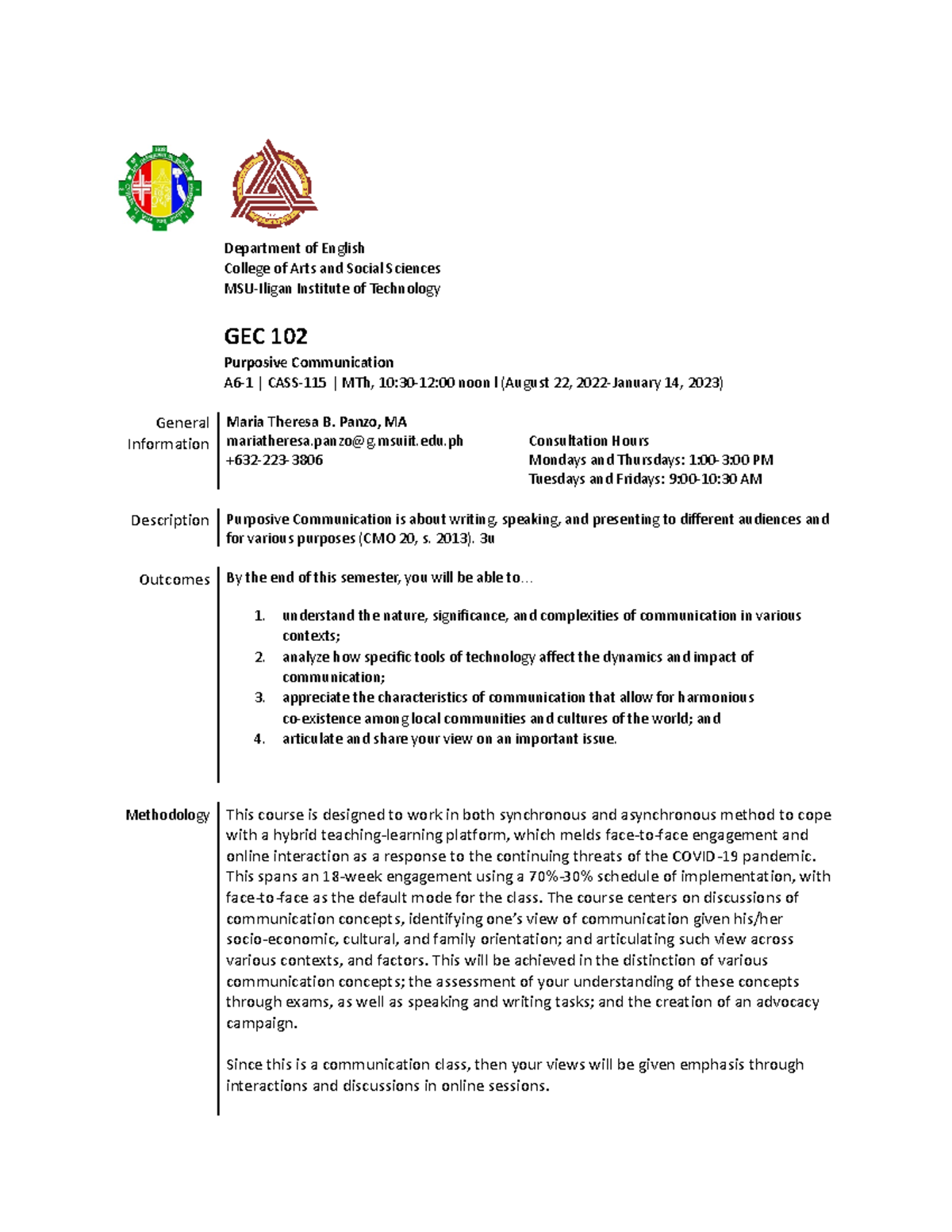 GEC 102 Course Outline - Department of English College of Arts and ...