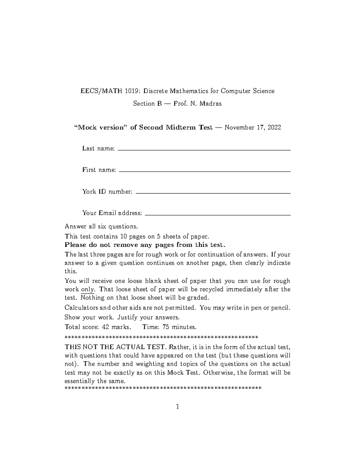 1019test2 F22 mock - test materials for 1019 - EECS/MATH 1019: Discrete ...