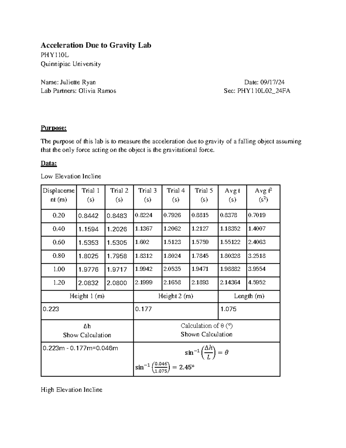 Acceleration Due to Gravity Lab - Acceleration Due to Gravity Lab PHY110L Quinnipiac University ...
