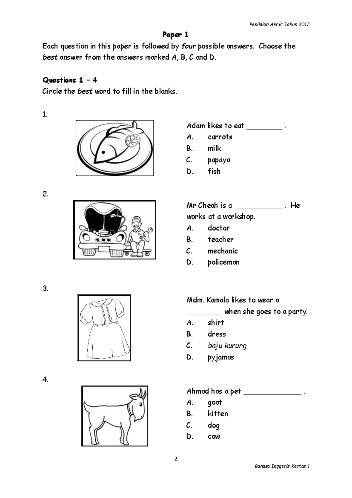 Contoh Soalan EXAM BI Tahun 2 S1 - 2 Paper 1 Each question in this ...