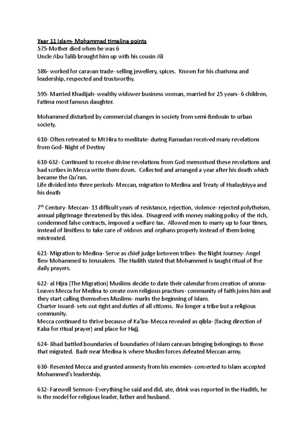 Year 11 Islam- lesson booklet notes - Year 11 Islam- Mohammed timeline ...