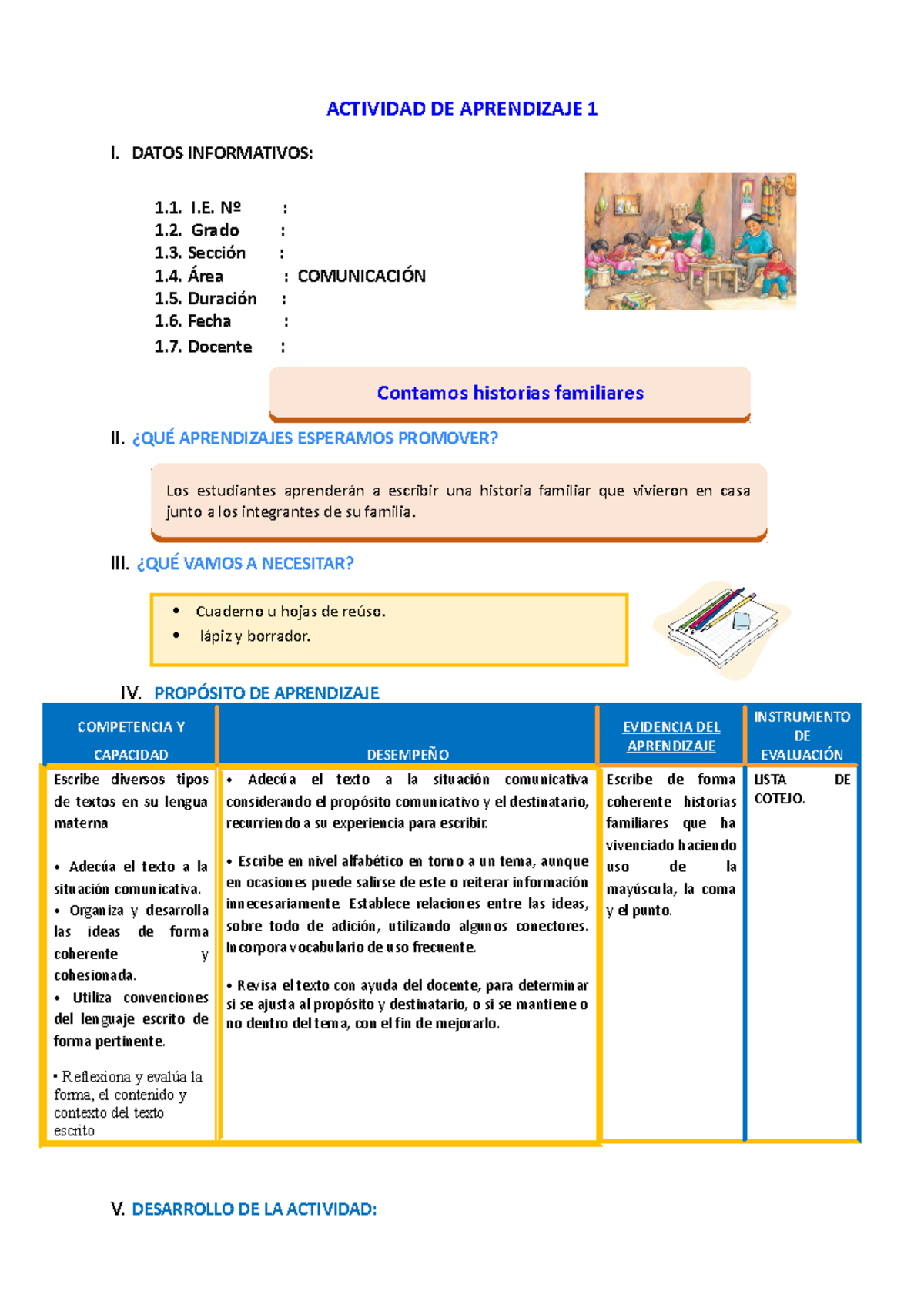 D1 A1 Sesion Contamos historias familiares - ACTIVIDAD DE APRENDIZAJE 1 I. DATOS INFORMATIVOS: 1 ...