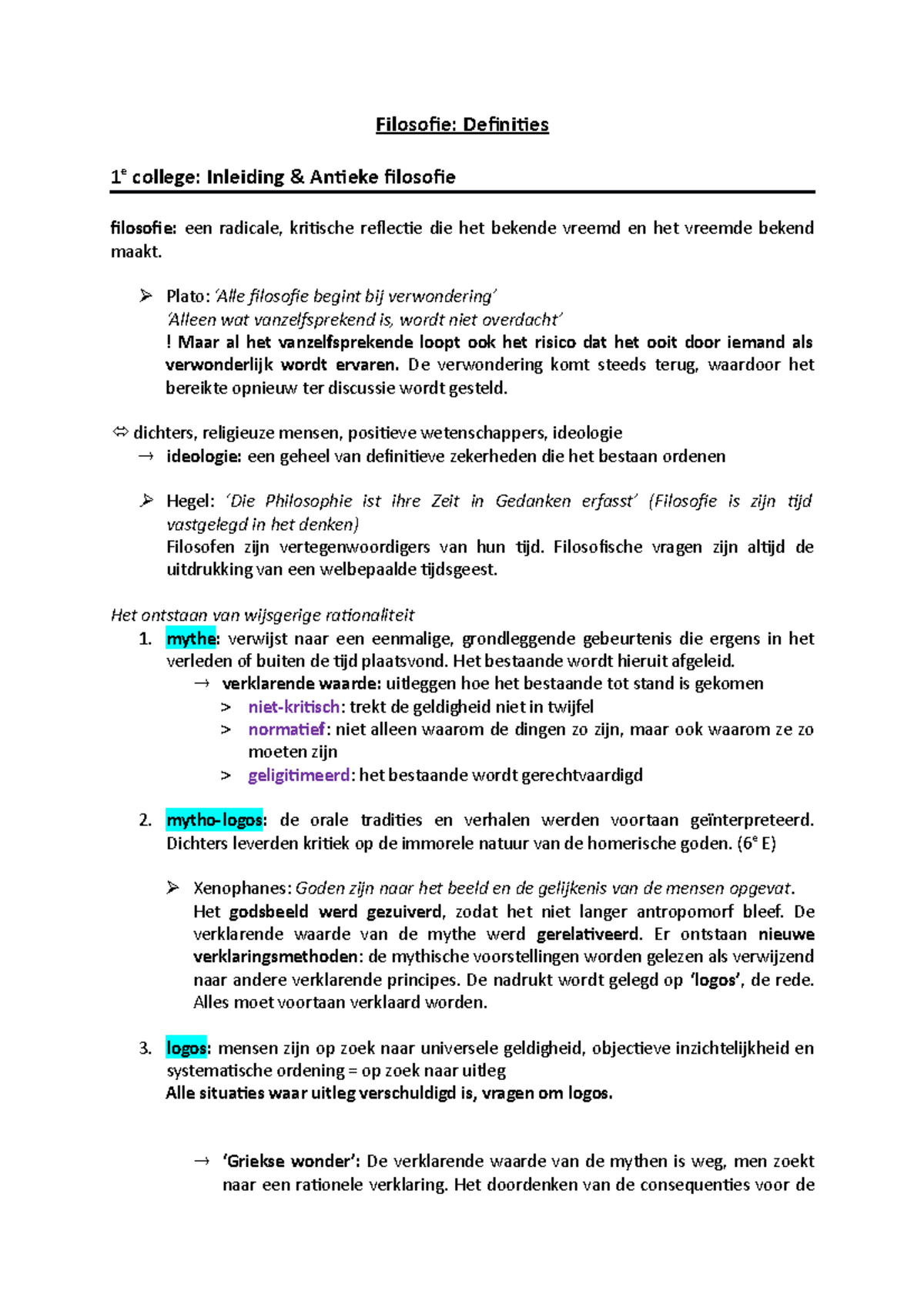 Filosofie - Definities - Filosofie: Definities 1 e college: Inleiding & Antieke filosofie - Studocu