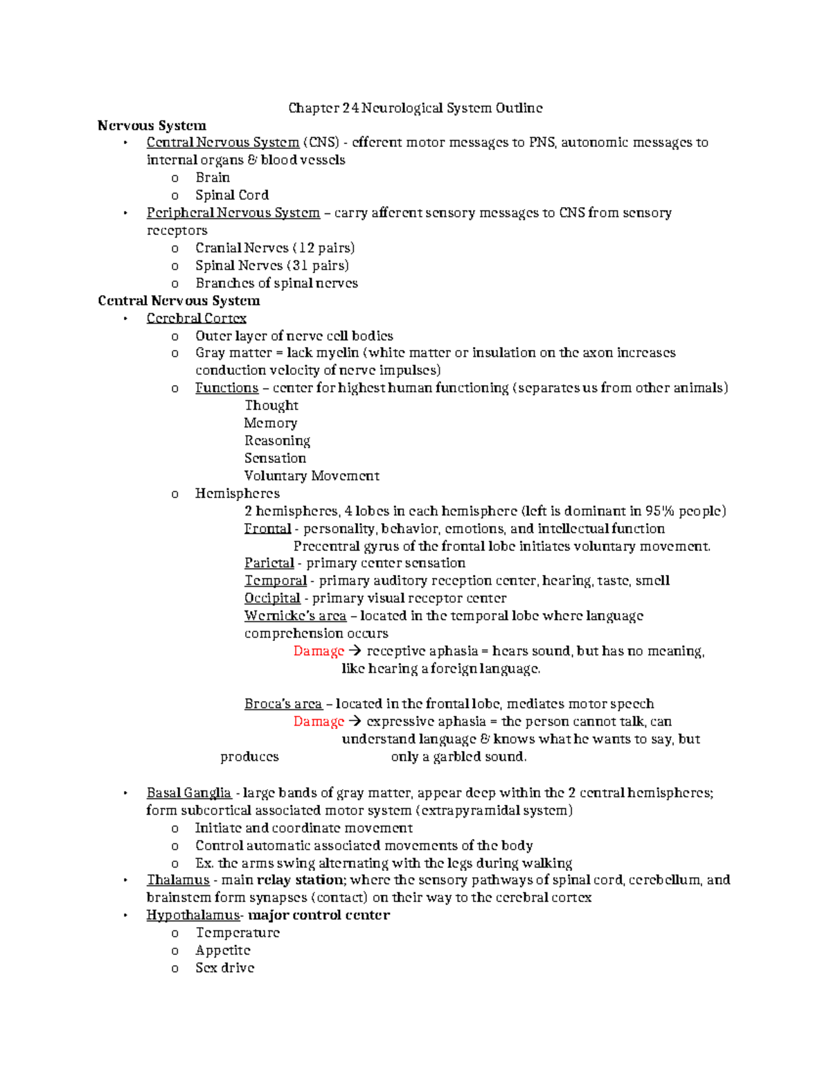Chapter 24 Neurological System Outline - Chapter 24 Neurological System Outline Nervous System ...