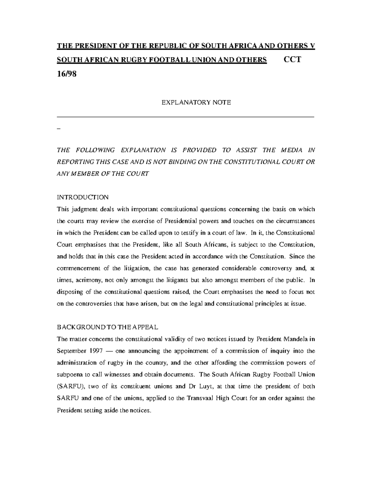 ADL311 Sarfu Case Summary - THE PRESIDENT OF THE REPUBLIC OF SOUTH ...