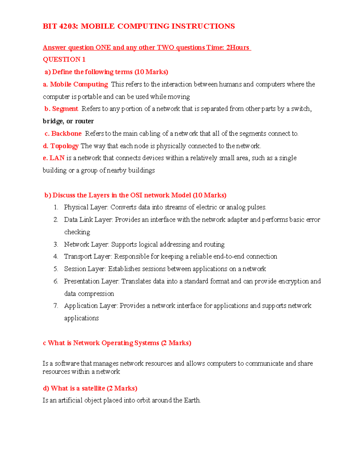 MOBILE COMPUTING ASSIGNEMET - Answer question ONE and any other TWO questions Time: 2Hours ...