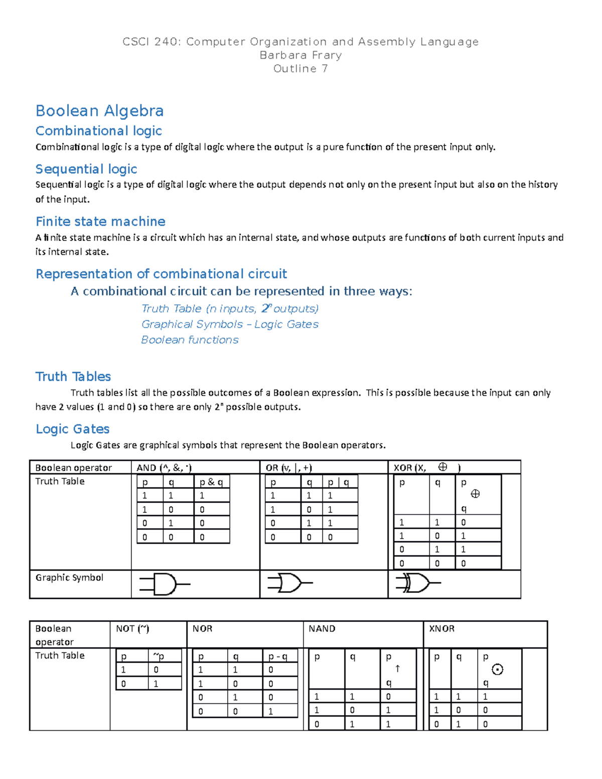 CS 240 Outline 07 Boolean Algebra - CSCI 240: Computer Organization and Assembly Language ...