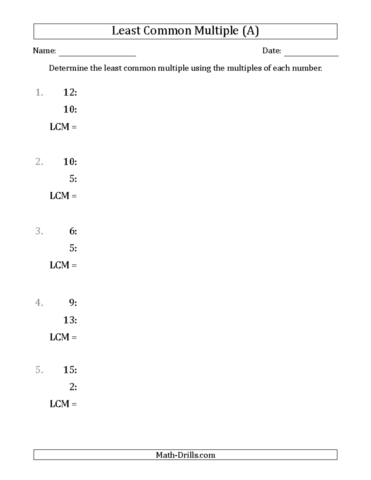 Least Common Multiple N a Least Common Multiple A Name Date