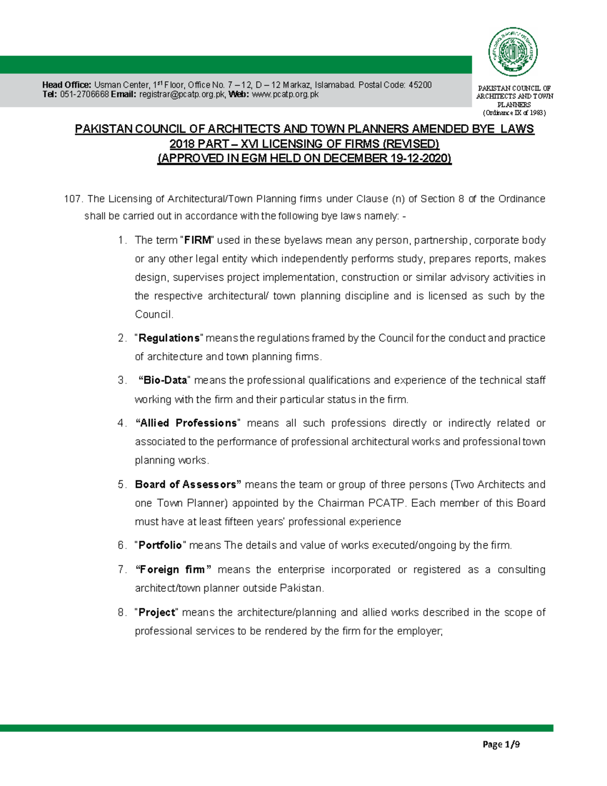 Pcatp Amended BYE LAWS 2018 PART - XVI Licensing OF Firms - PAKISTAN COUNCIL OF ARCHITECTS AND ...