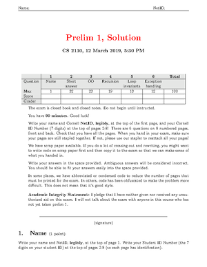P1cs2110sp19b - Past Prelim 1 solutions from CS 2110 taught by Professor David Gries and ...