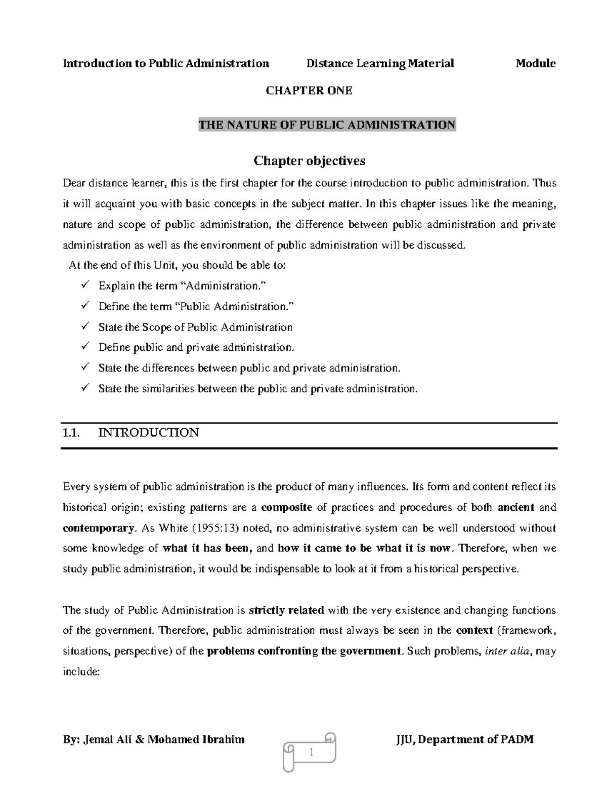 Public Administration Module - By: Jemal Ali & Mohamed Ibrahim JJU, Department of PADM CHAPTER ...