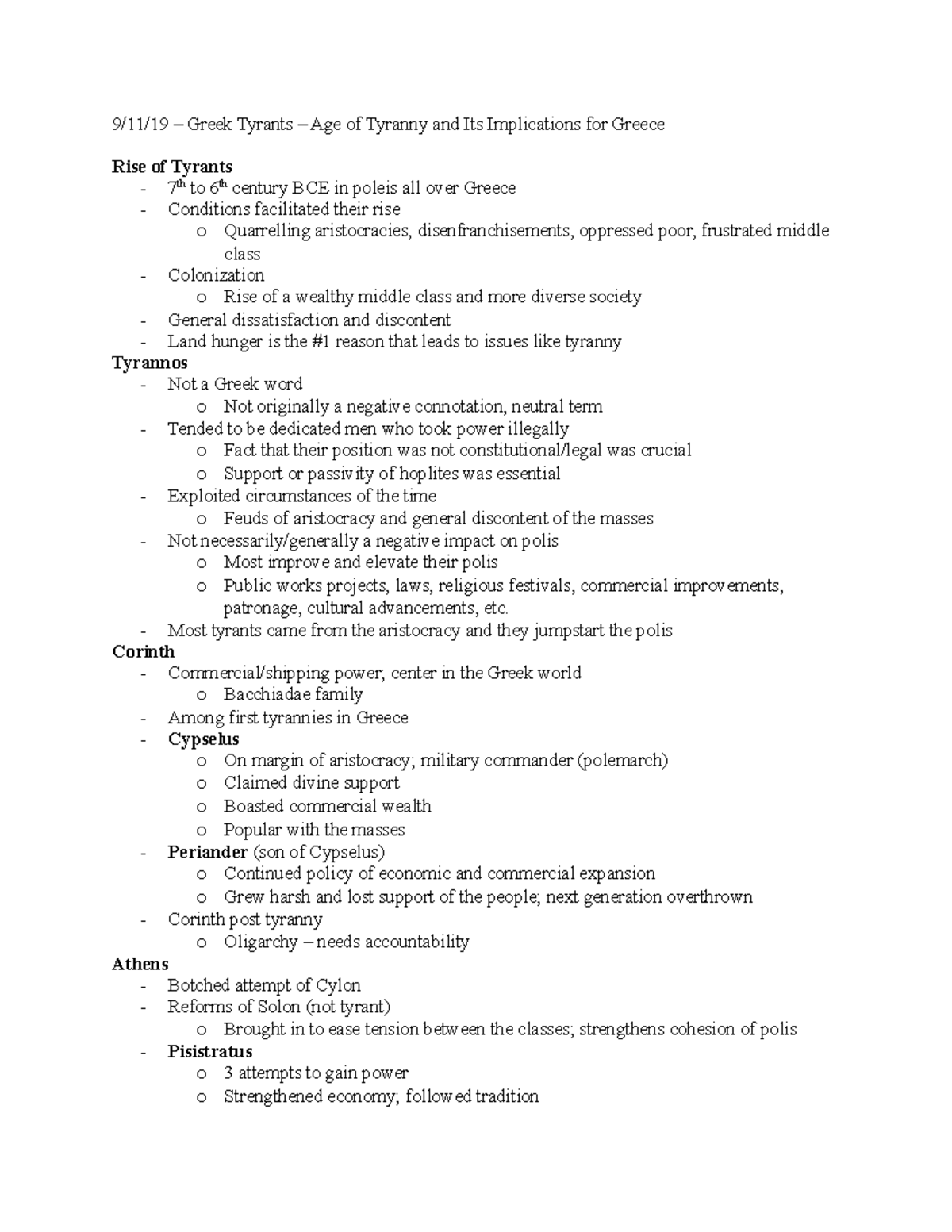 4-5 - Lecture notes 6-7 - 9/11/19 – Greek Tyrants – Age of Tyranny and ...