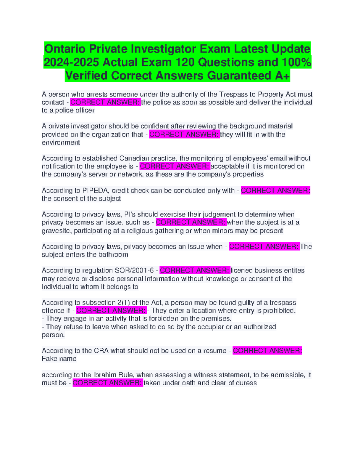 Ontario Private Investigator Exam Latest Update 2024-2025 Actual Exam ...
