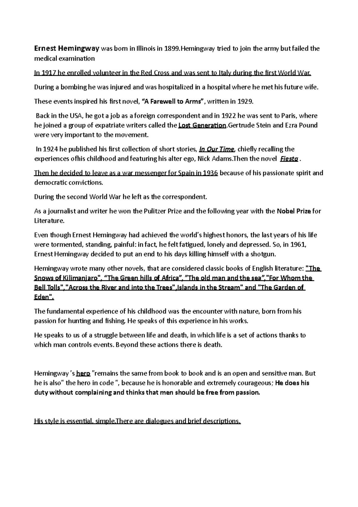 Ernest Hemingway : Life , Works and style - Studocu
