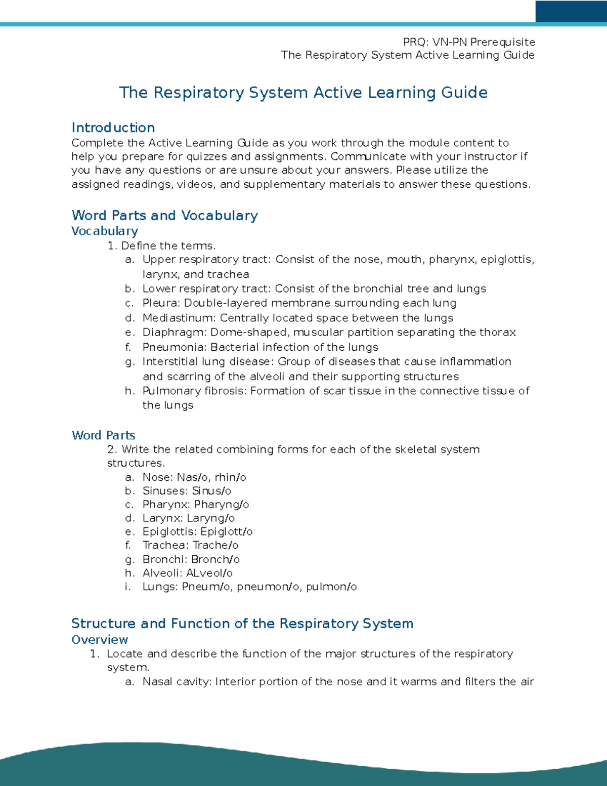 Respiratory System Active Learning Guide - Communicate with your ...