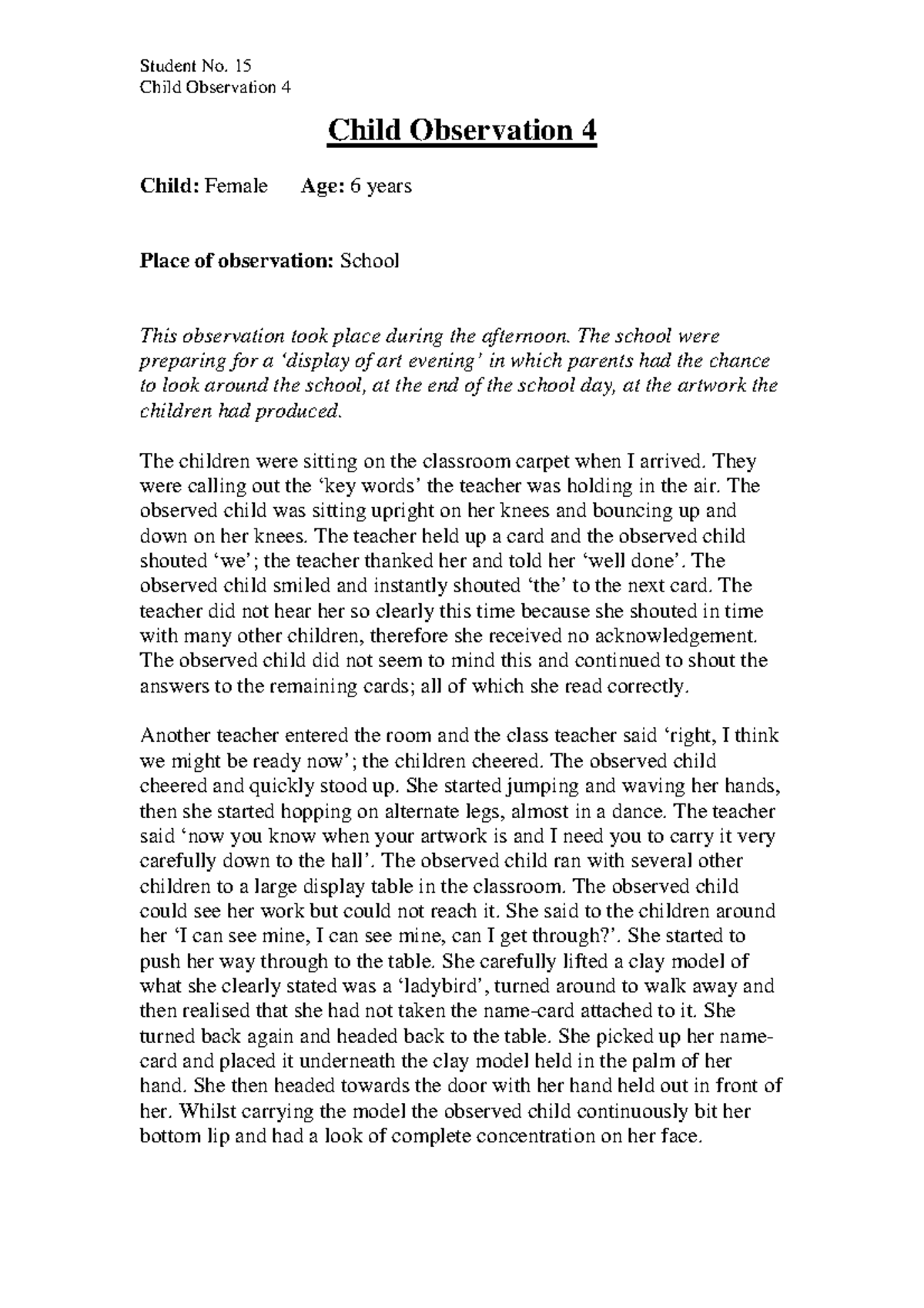 1631 - assgn - Student No. 15 Child Observation 4 Child Observation 4 ...