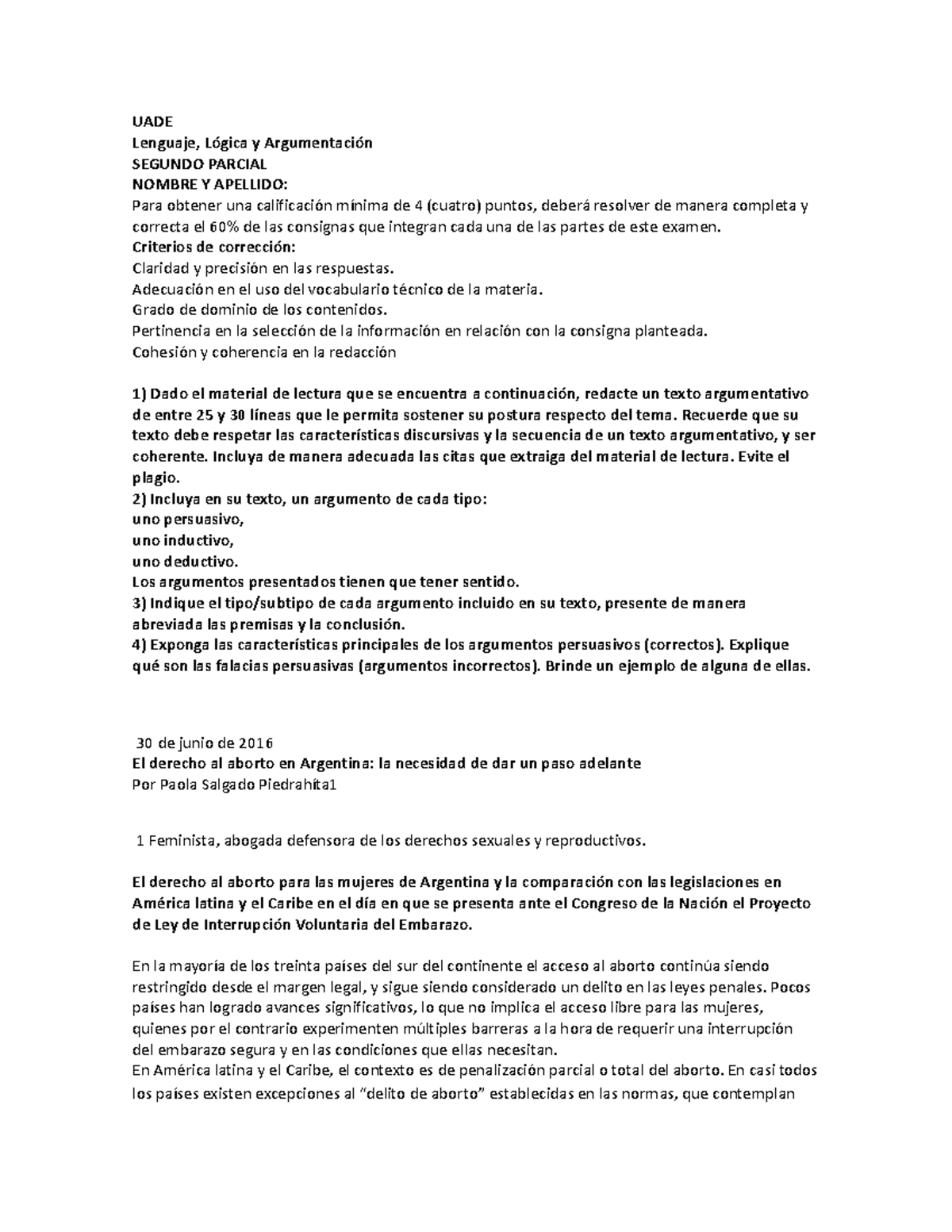 UADE. Segundo parcial - UADE Lenguaje, Lógica y Argumentación SEGUNDO PARCIAL NOMBRE Y APELLIDO ...