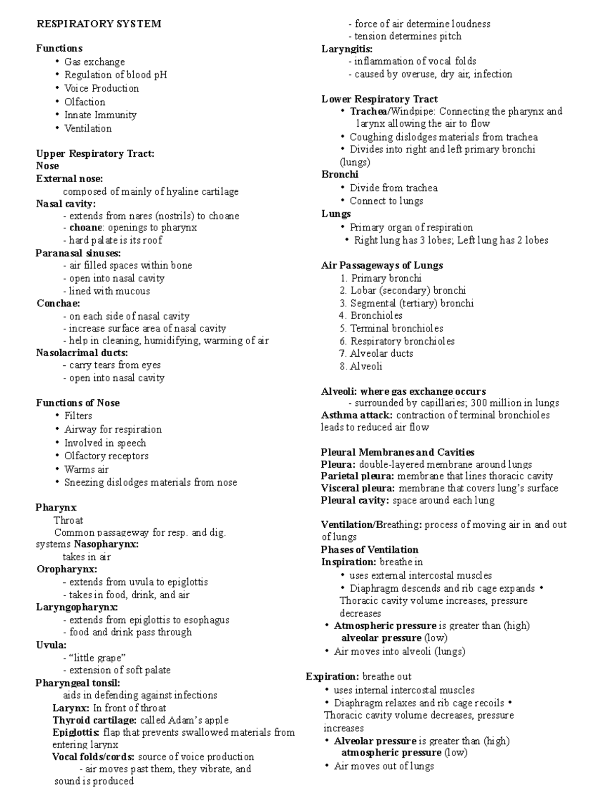 Respiratory- System - Notes - RESPIRATORY SYSTEM Functions - Gas ...