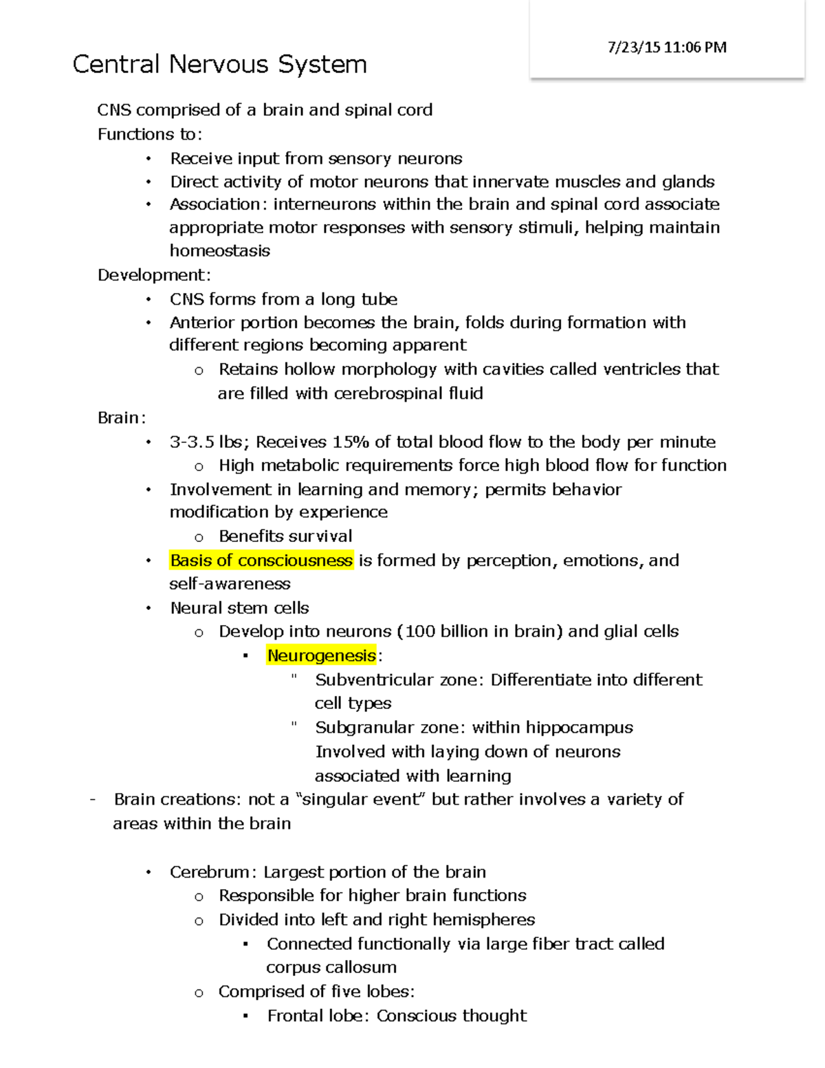 Exam2 Physio notes - 7/23/15 11:06 PM Central Nervous System CNS ...