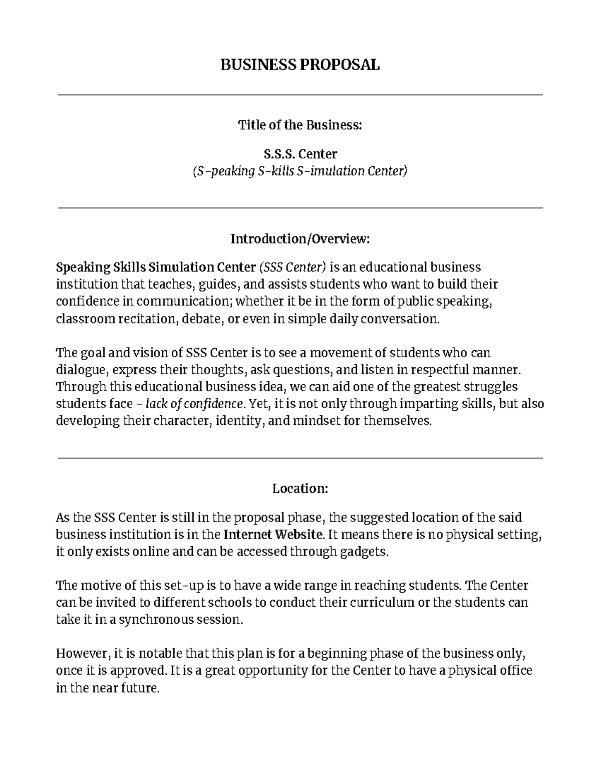 Sample Business Proposal - BUSINESS PROPOSAL Title of the Business: S.S ...