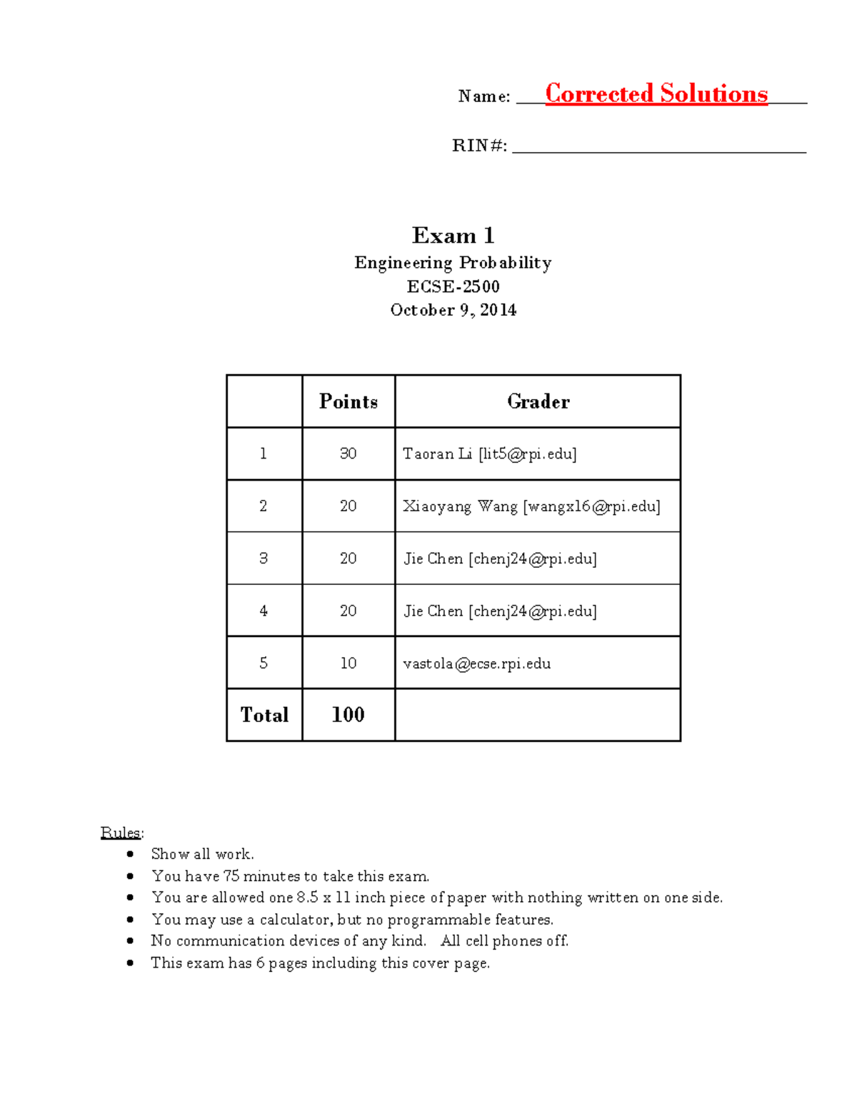 Exam1 2014-10 sol-corrected - Name: Corrected Solutions_ RIN