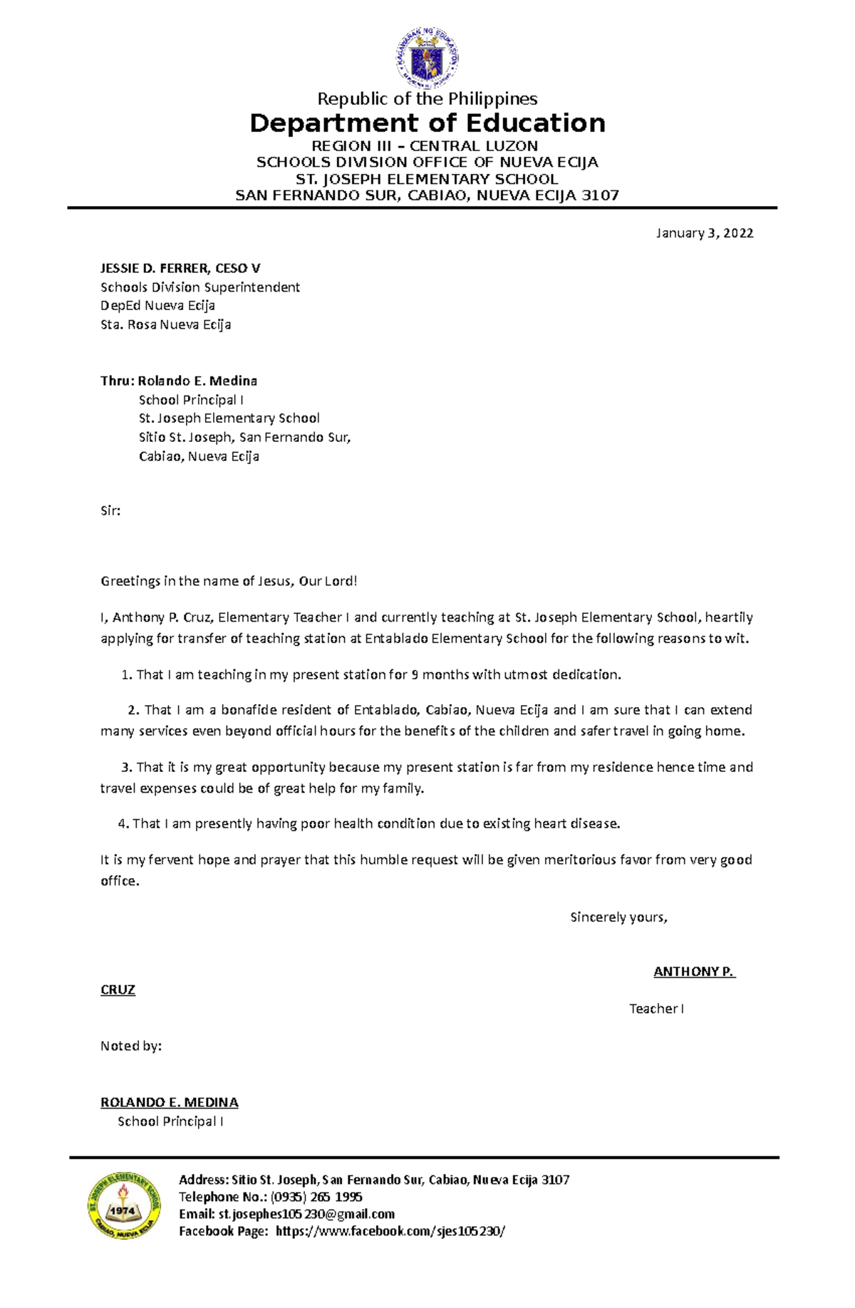 Transfer Letter - Republic of the Philippines Department of Education ...