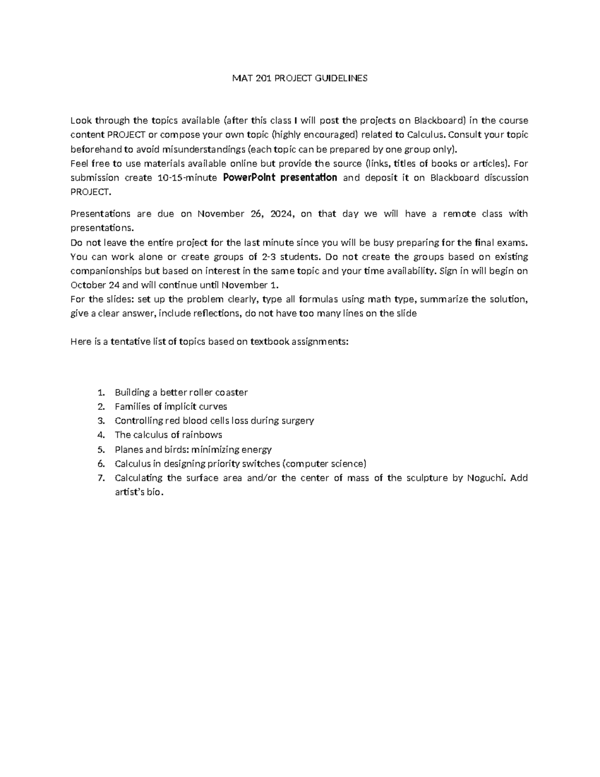 MAT201 project guidelines fall2024 - MAT 201 PROJECT GUIDELINES Look through the topics ...