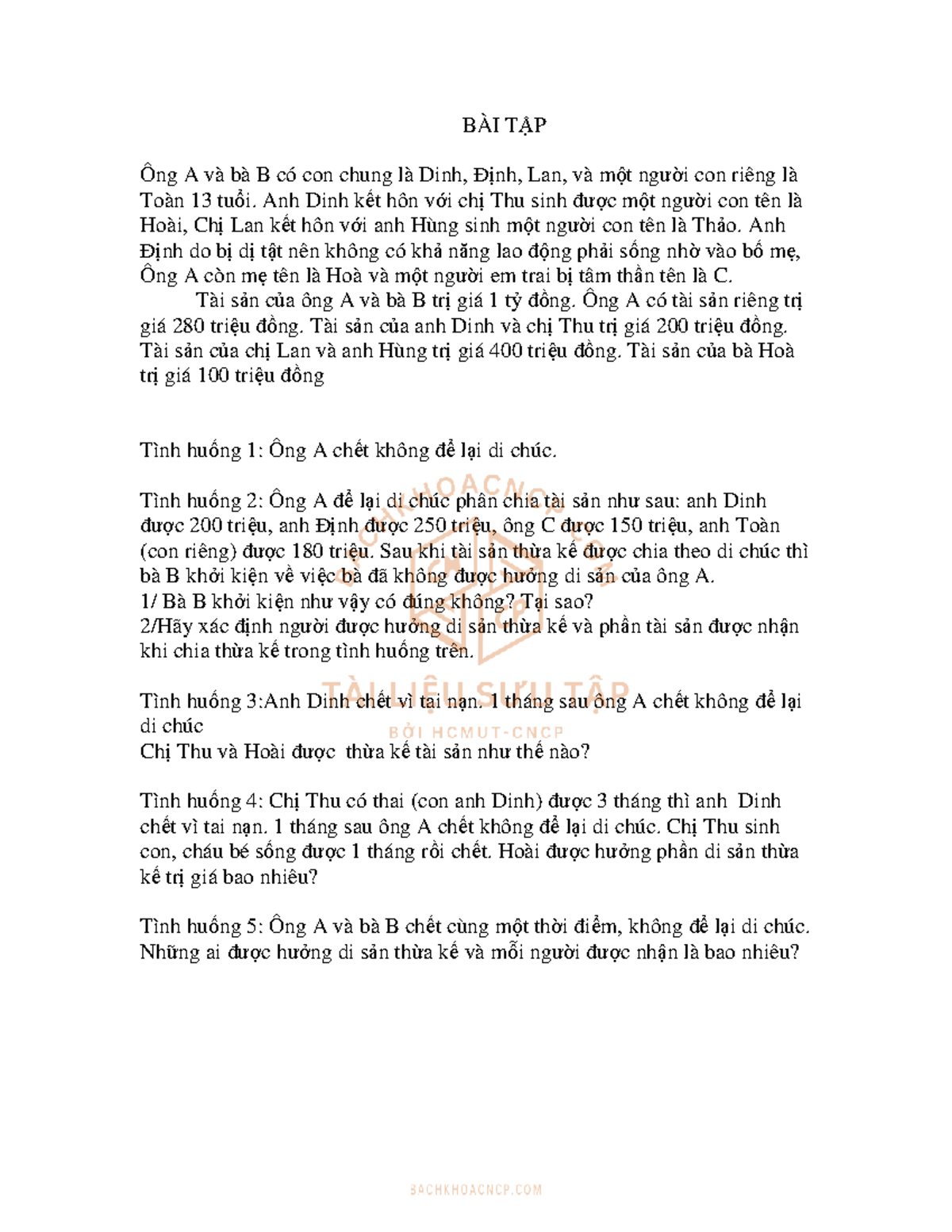 Bài tập Thừa kế - tham khảo - BÀI T P Ông A và bà B có con chung là Dinh, nh, Lan, và m t ng i ...
