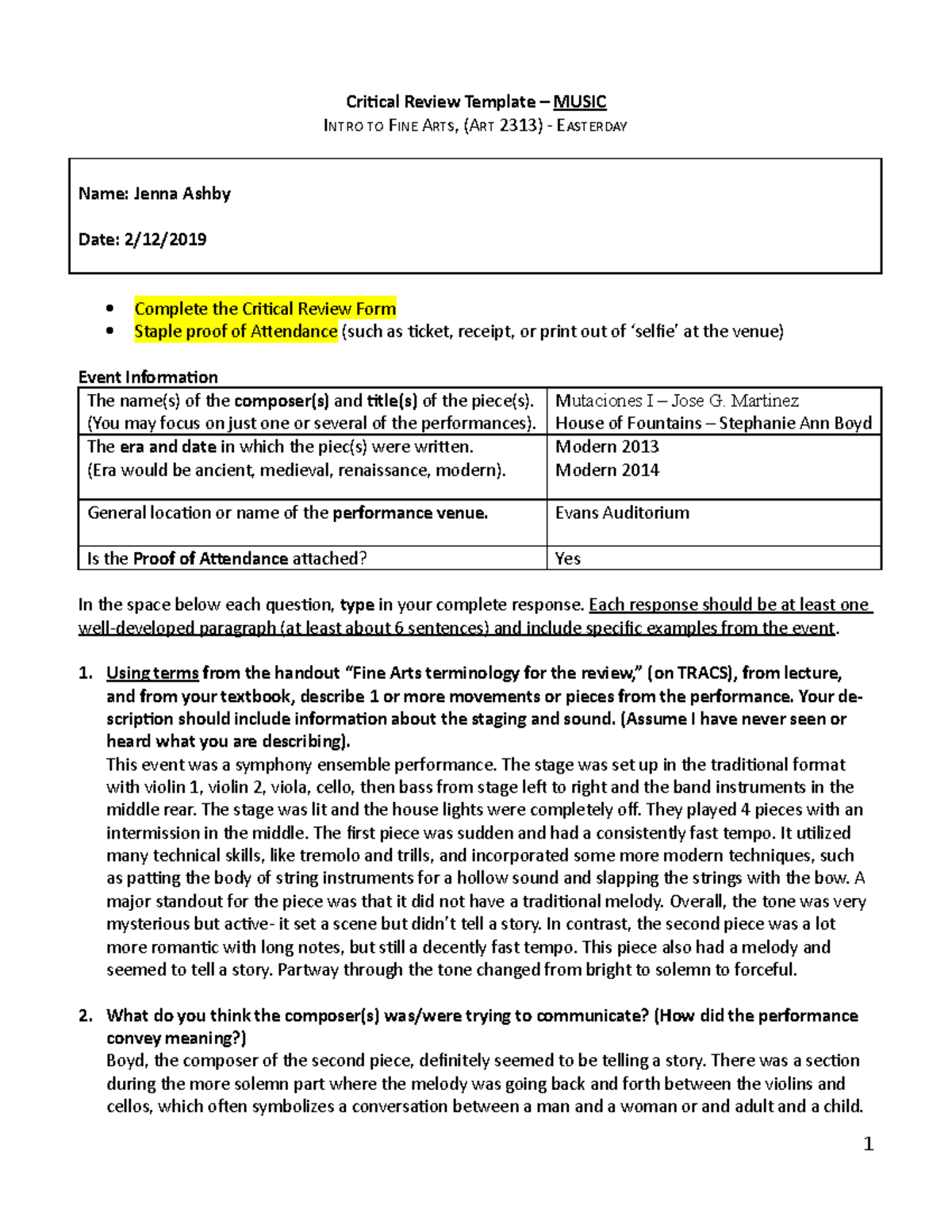 Music Art Review Form - Critical Review Template – MUSIC INTRO TO FINE ...