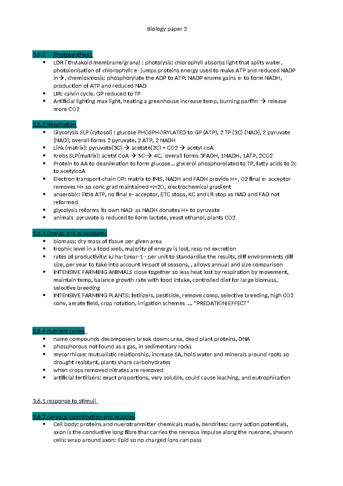 Bio paper 2 content - key points - Biology paper 2 3.5 Photosynthesis ...