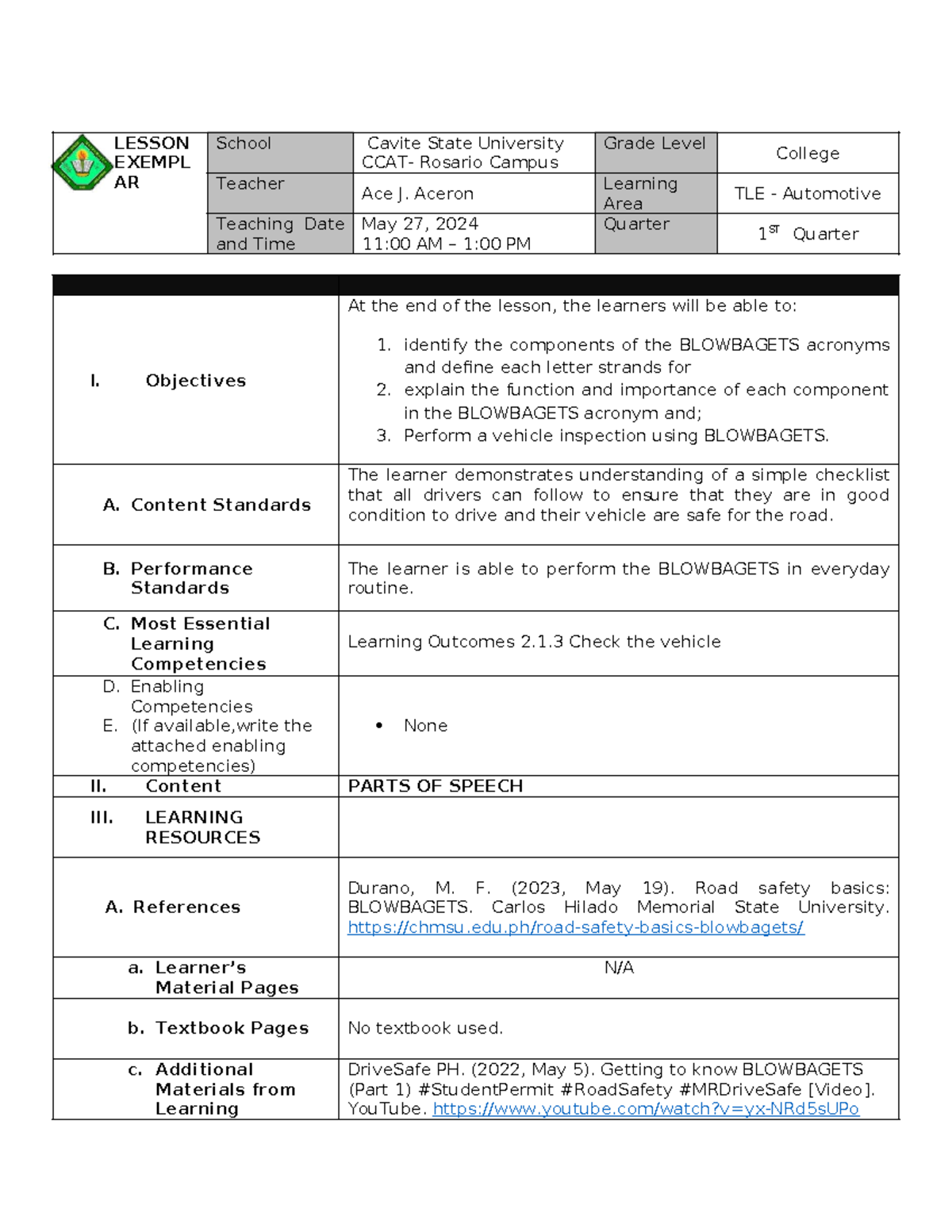 ACE Aceron Lesson PLAN Blowbagets - LESSON EXEMPL AR School Cavite ...
