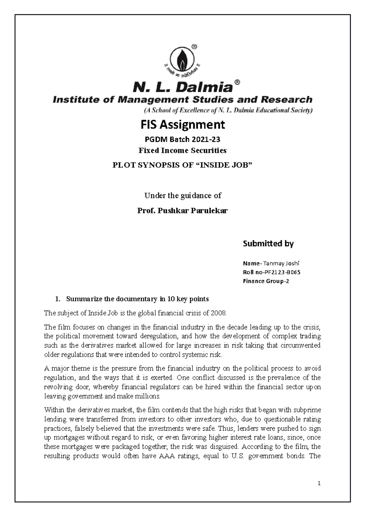 Tanmay Joshi B065 FIS assignment-2 - FIS Assignment PGDM Batch 2021- Fixed Income Securities ...