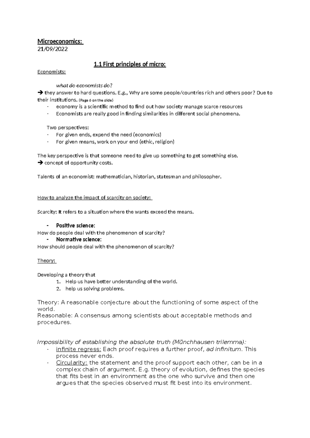 Microeconomics note - Note during class of micro 1, assessment 2022 ...