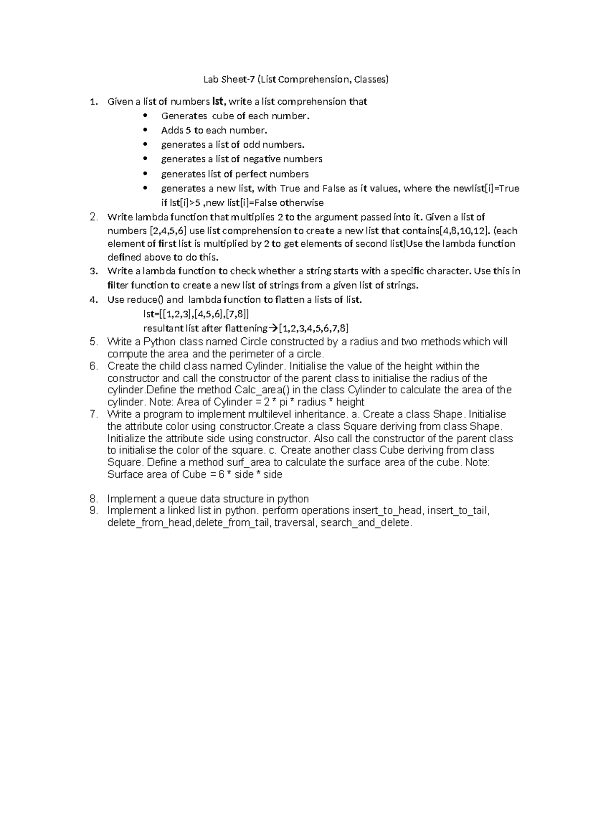 Labsheet 7 Lab Sheet 7 List Comprehension Classes Given A List Of Numbers Lst Write A List