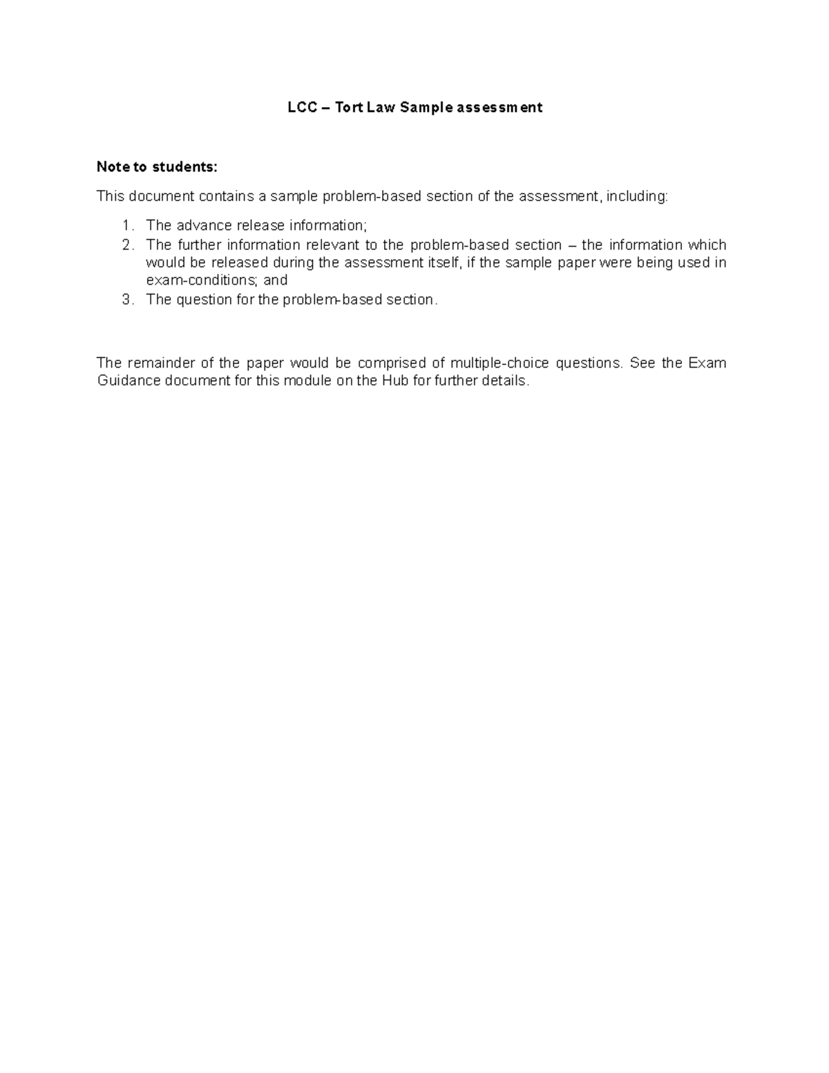 Tort Sample Assessment - LCC – Tort Law Sample assessment Note to ...