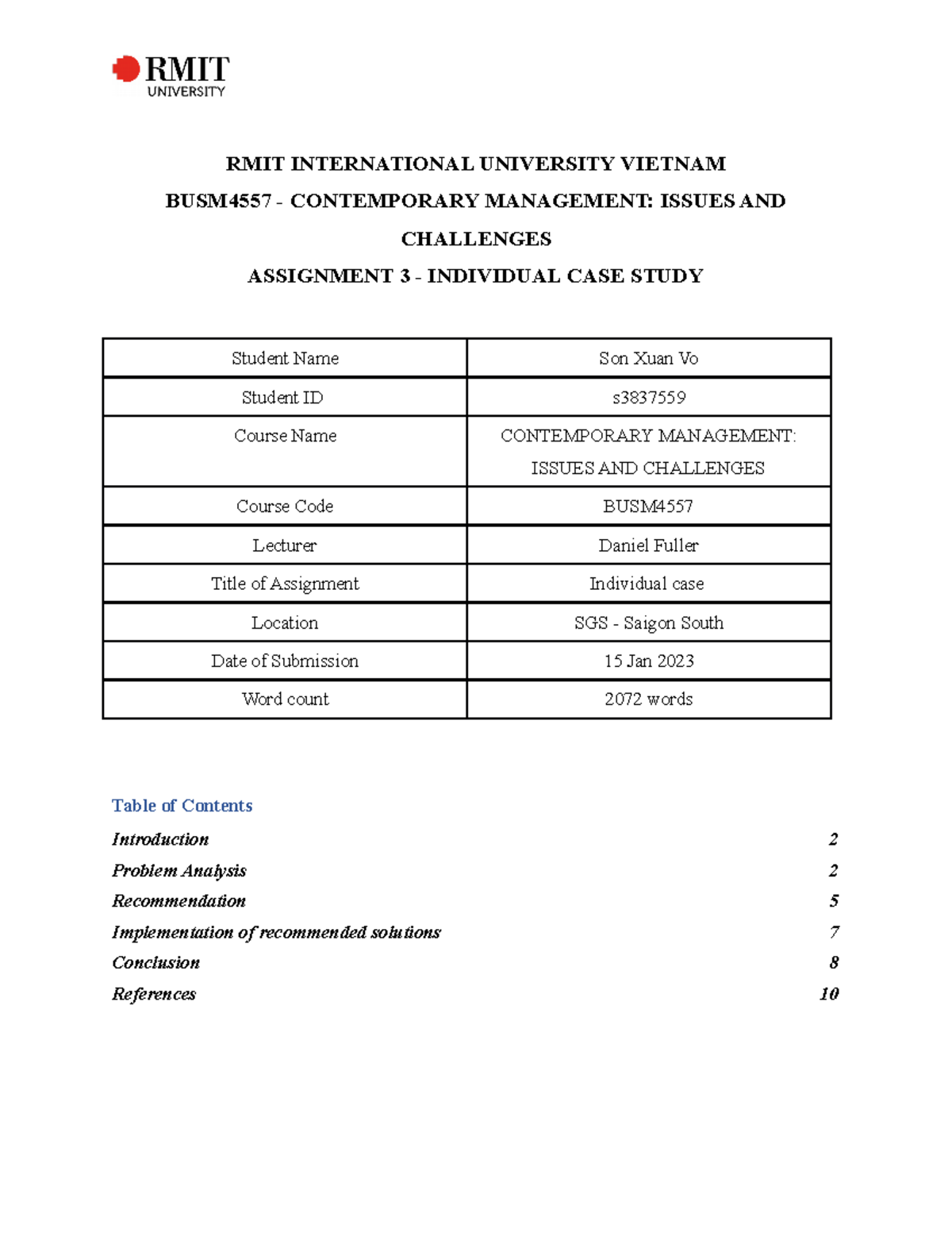 Contemporary Management - ASM 3 - Individual CASE Study - RMIT ...