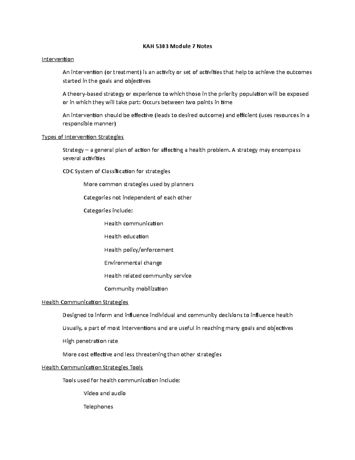 KAH 5303 Module 7 Notes - KAH 5303 Module 7 Notes Intervention An ...