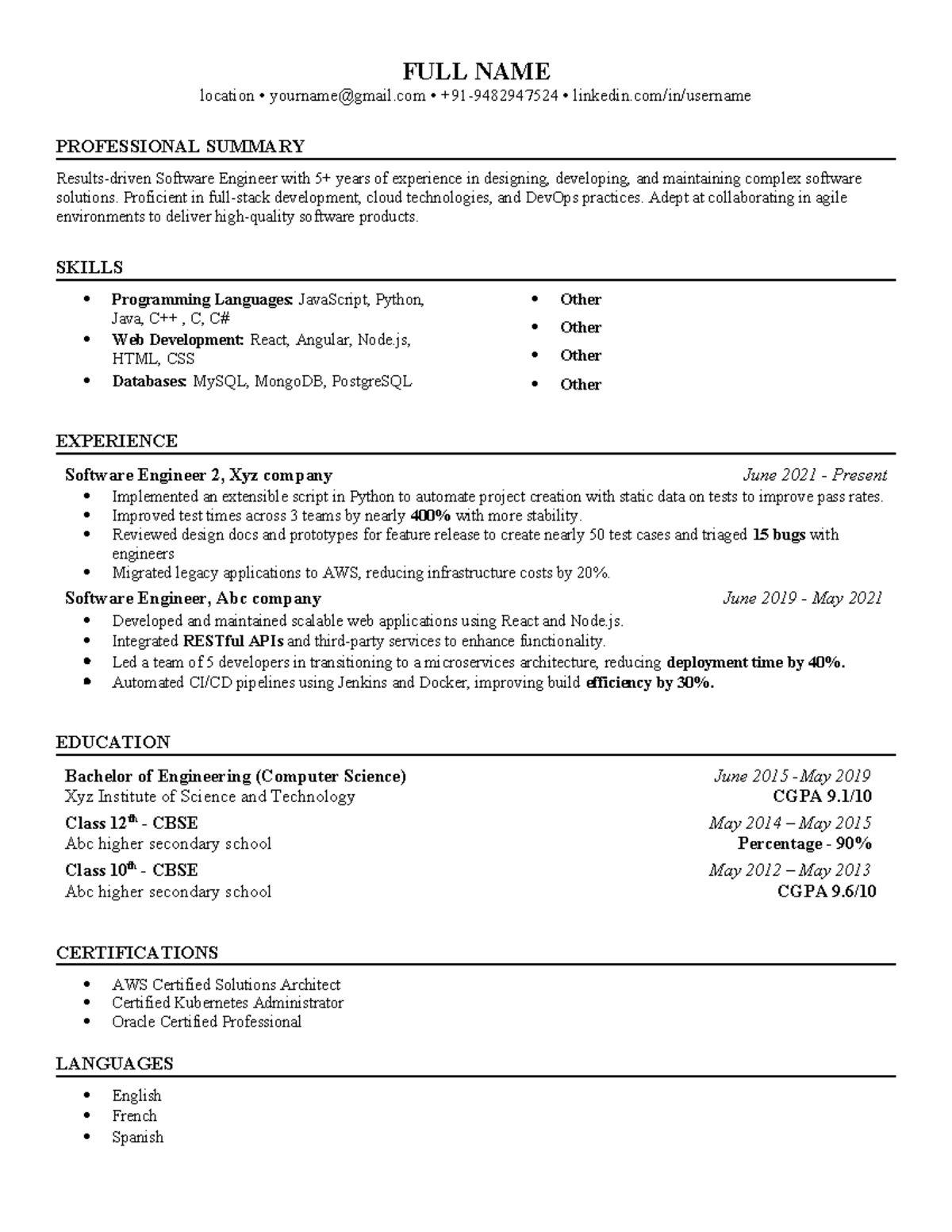 ATSFriendly Resume template - FULL NAME location • yourname@gmail • +91-9482947524 • - Studocu