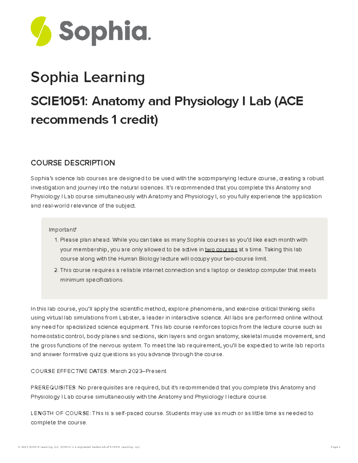Sophia anatomy and physiology i lab syllabus - Sophia Learning SCIE1051 ...