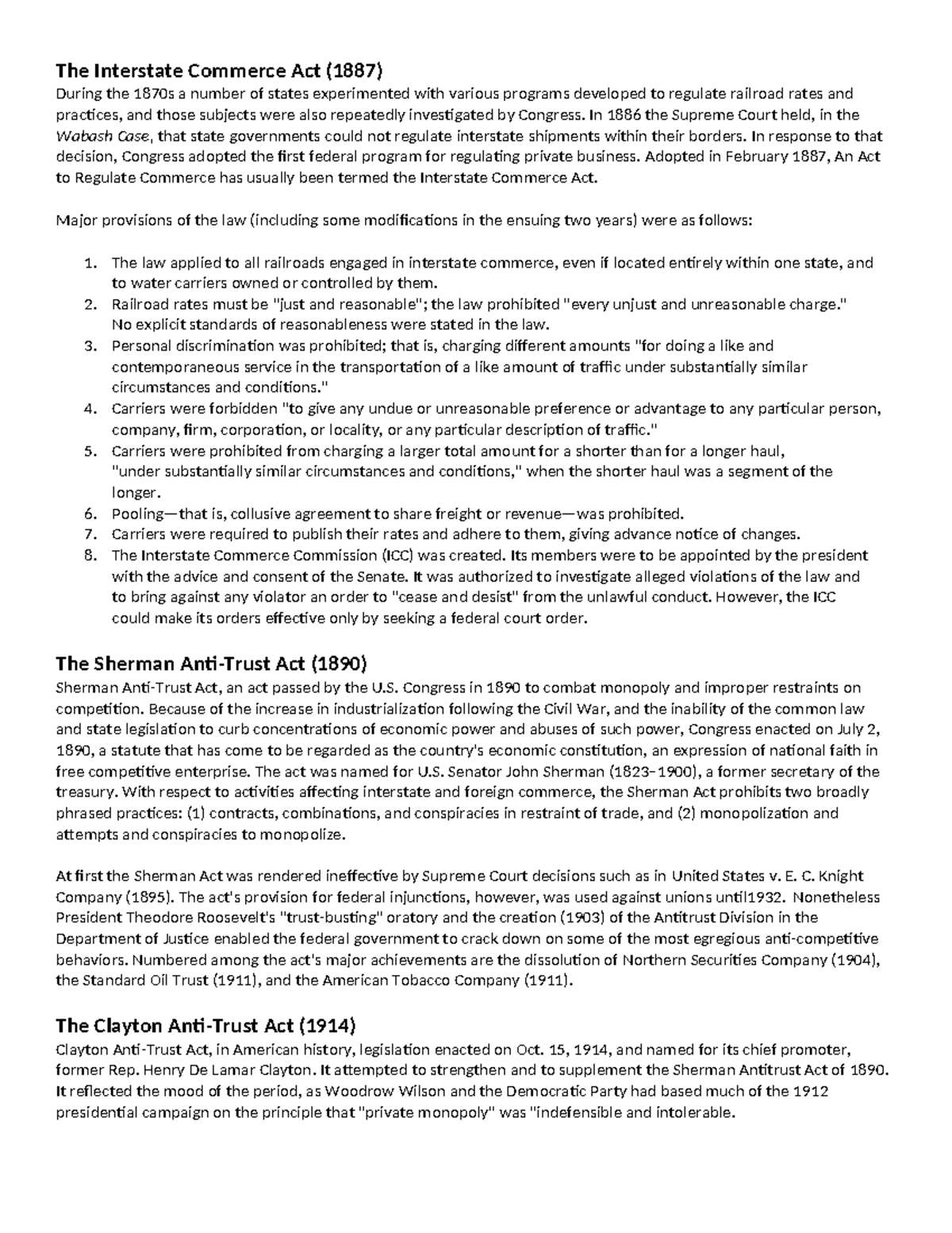 Federal regulatory acts - The Interstate Commerce Act (1887) During the ...