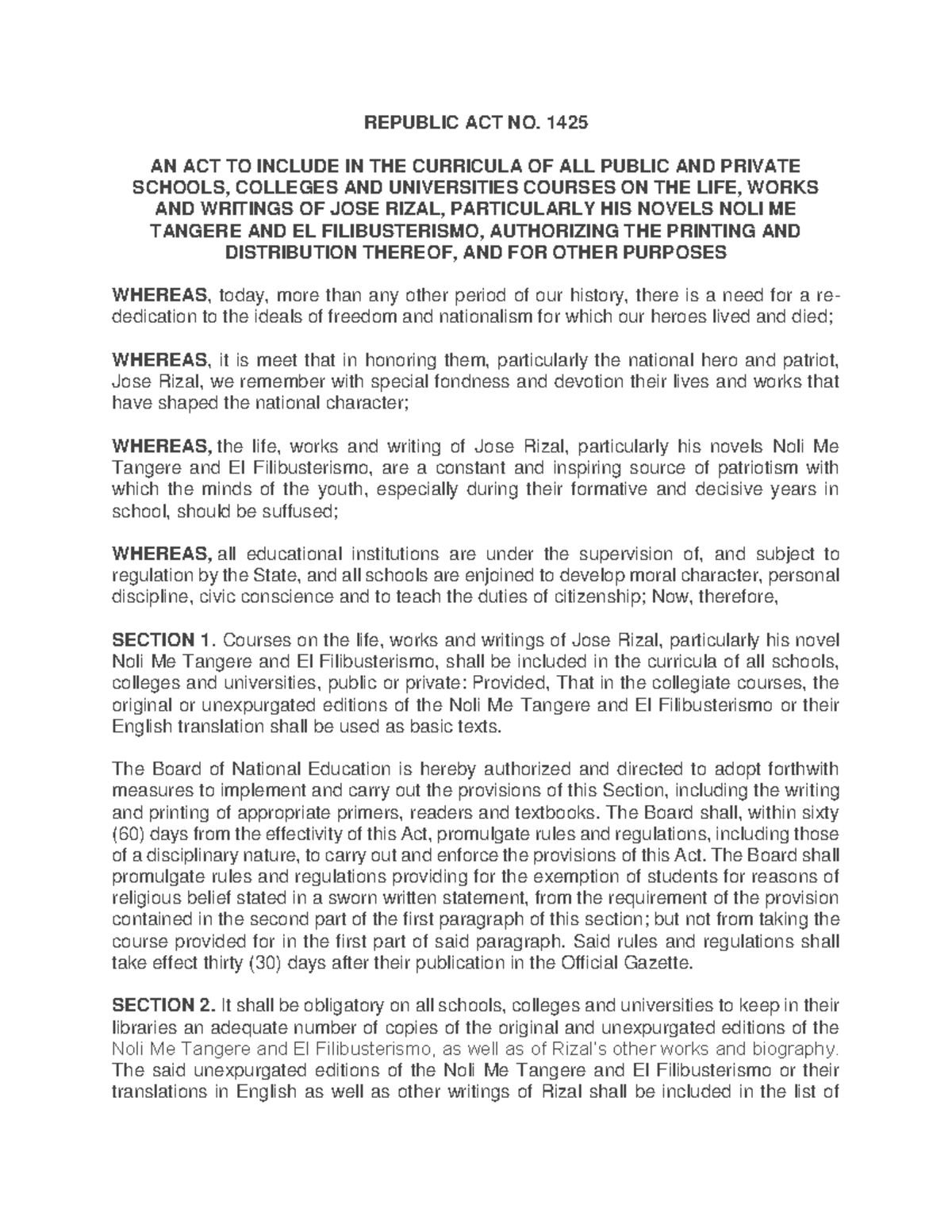 R.A. 1425. 1956. Rizal Law for PI 100 Life and Works of Jose Rizal ...