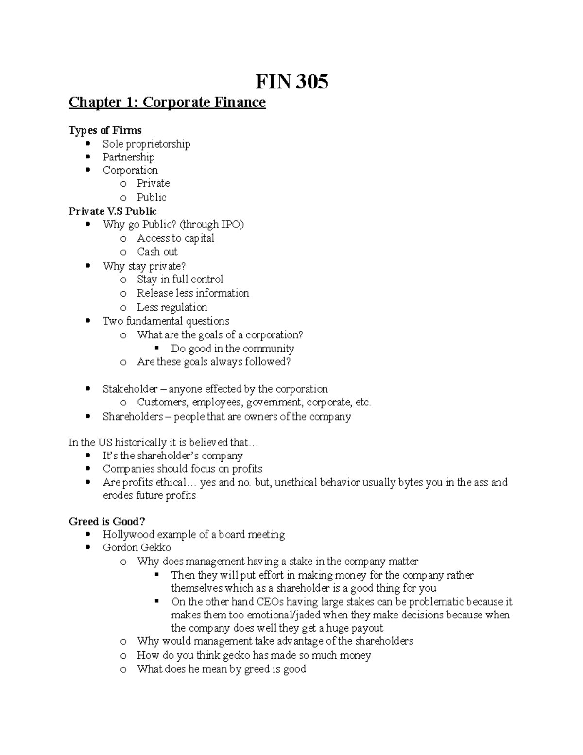 FIN 305 Notes - FIN 305 Chapter 1: Corporate Finance Types of Firms ...