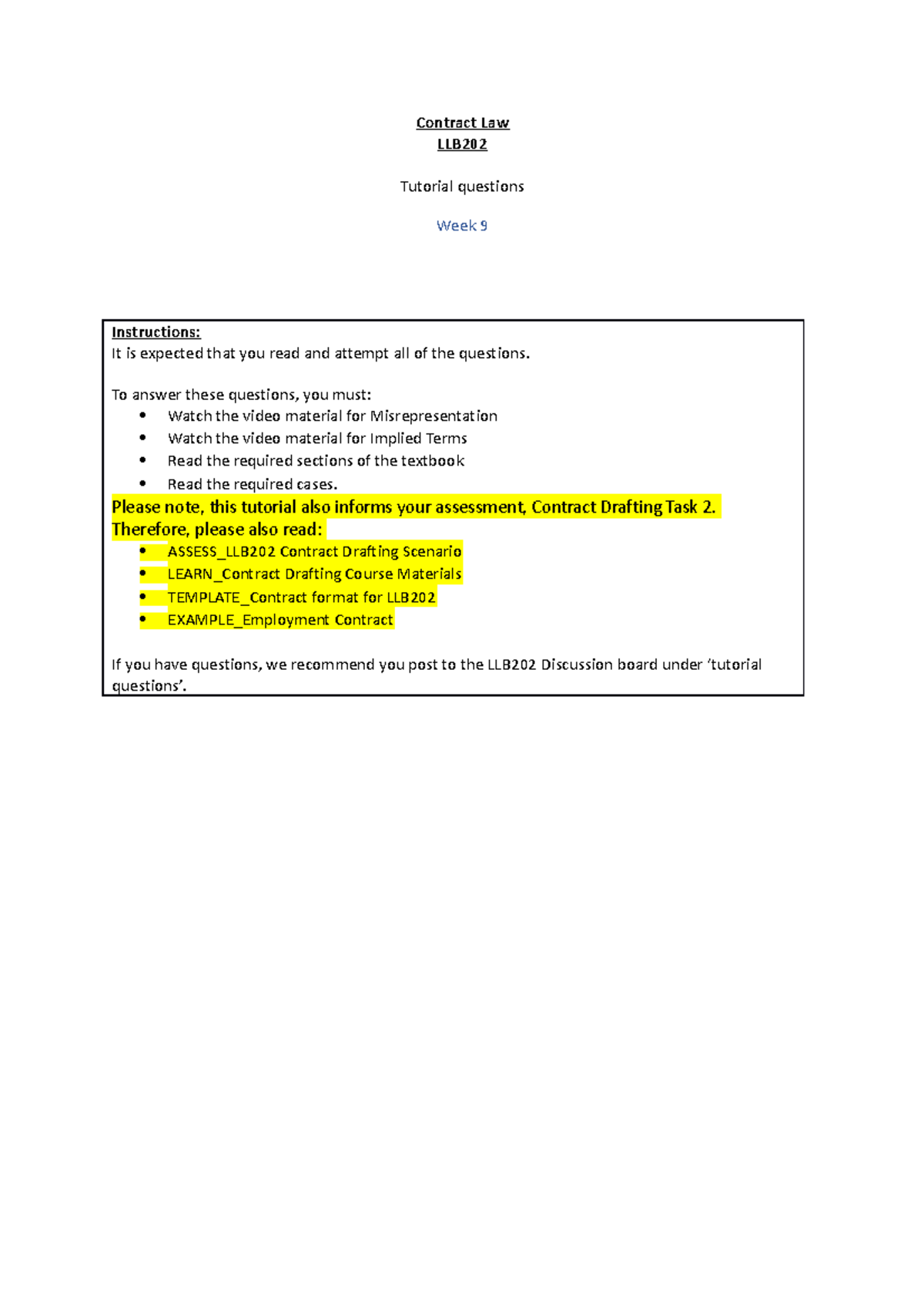 LLB202 W9 Tutorial Questions-1 - Contract Law LLB Tutorial questions ...