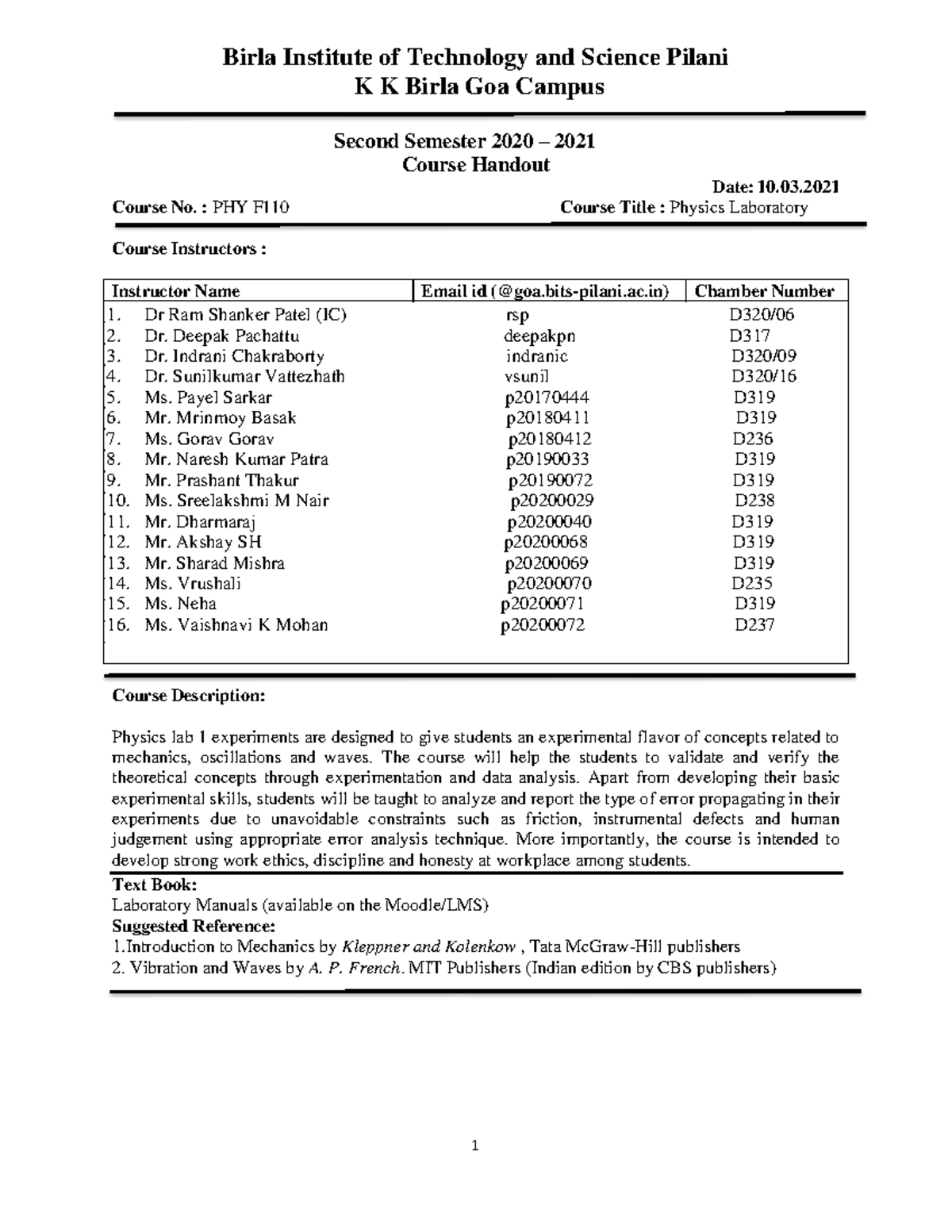 PHYF110 Course summary - Physics Laboratory - BITS Pilani - Studocu