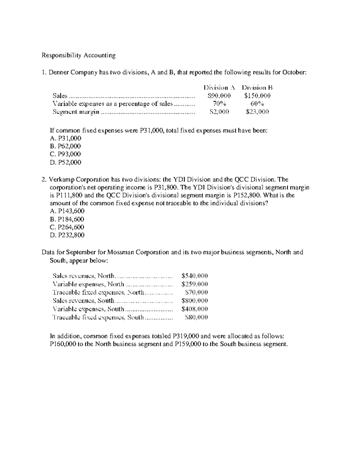 Problems - Responsibility Accounting and Decentralization ...