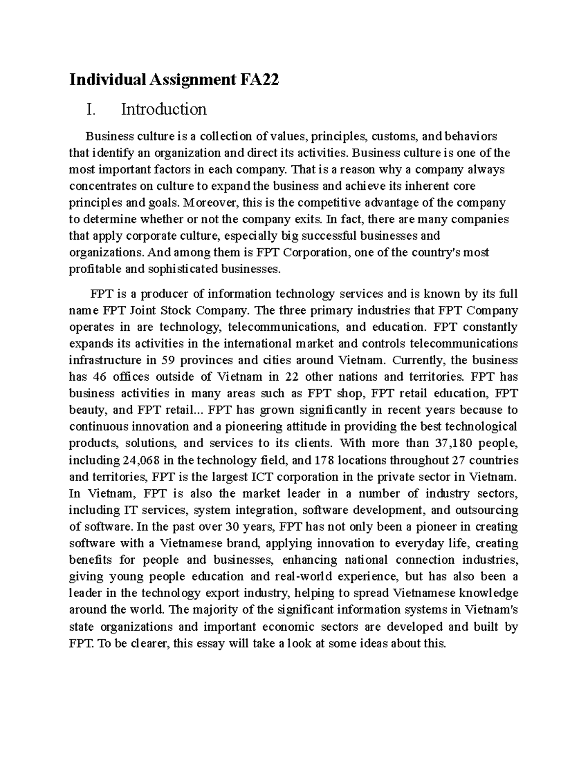 Mgt Individual - Individual Assignment FA I. Introduction Business ...
