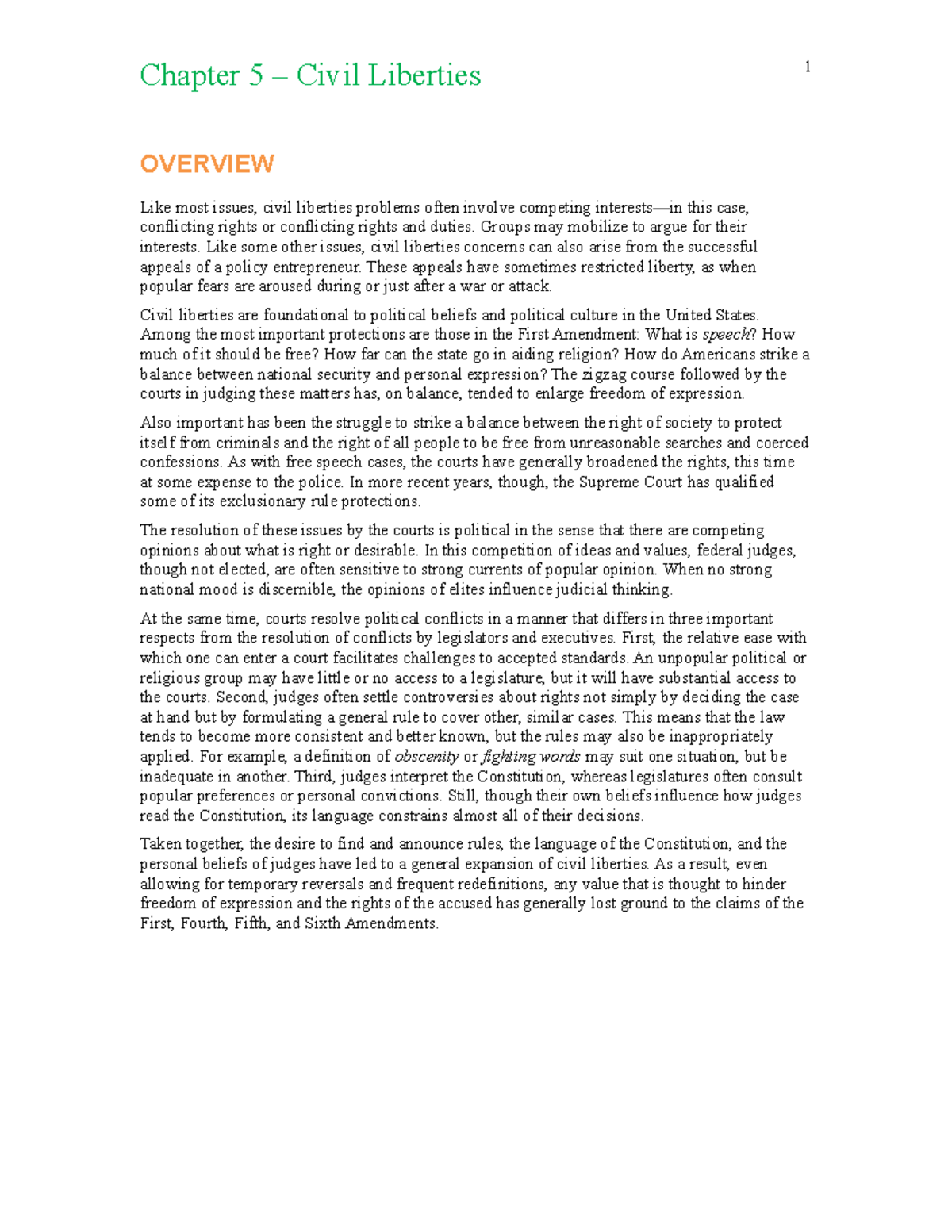 Civil Liberties - Chapter 5 – Civil Liberties OVERVIEW Like most issues ...